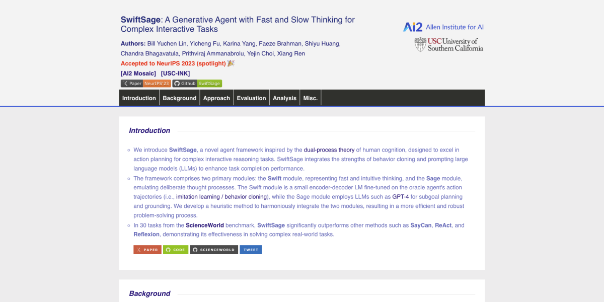 SwiftSage: 结合快慢思维的复杂交互任务生成式智能体 - 懂AI