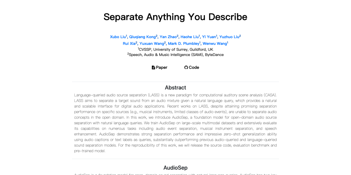 AudioSep：用自然语言描述分离任意声音的开创性模型 - 懂AI