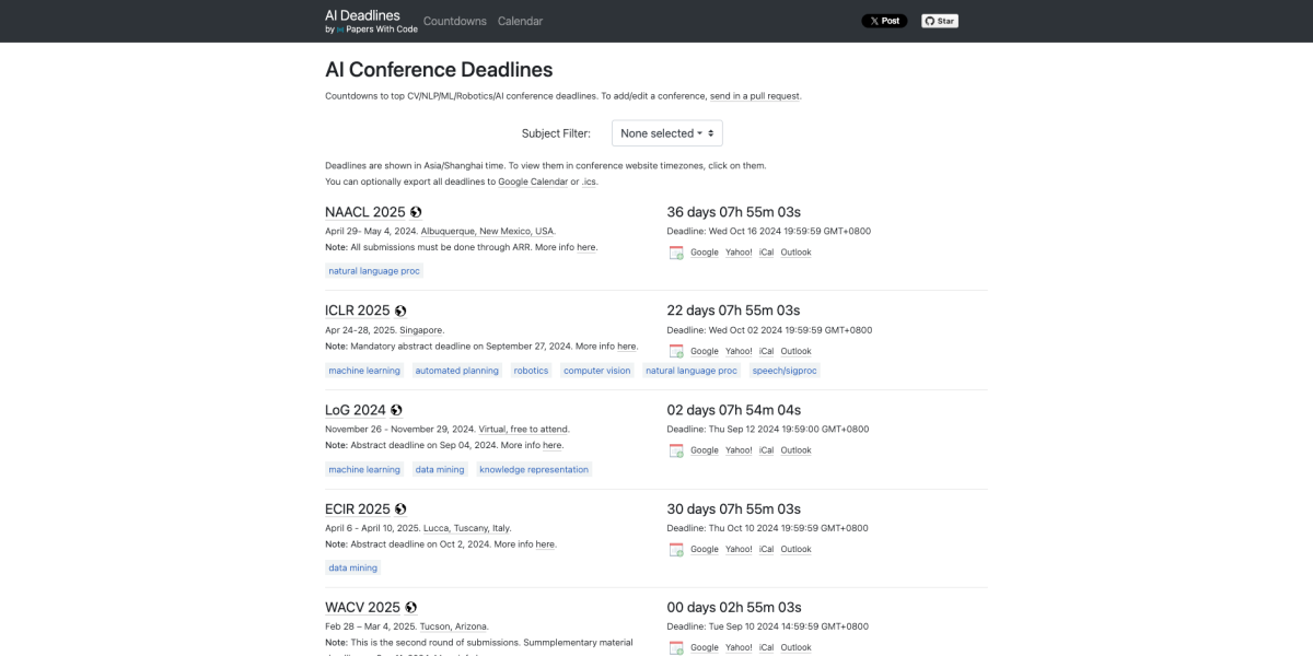 ai-deadlines学习资料汇总 - AI会议截止日期倒计时工具 - 懂AI